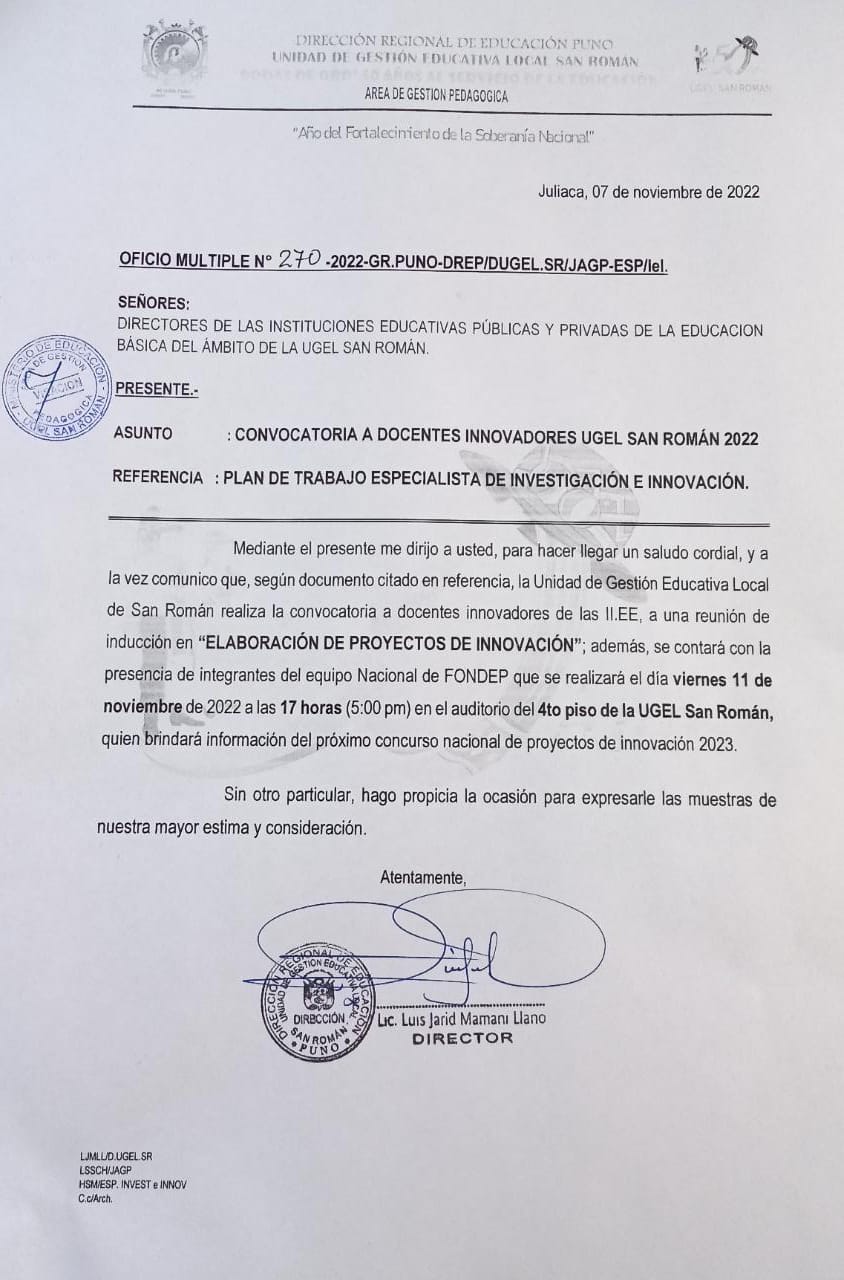 CONVOCATORIA DOCENTES INNOVADORES DE LA UGEL SAN ROMÁN – UGEL San Roman CONVOCATORIA DOCENTES INNOVADORES DE LA UGEL SAN ROMÁN – UGEL San Roman