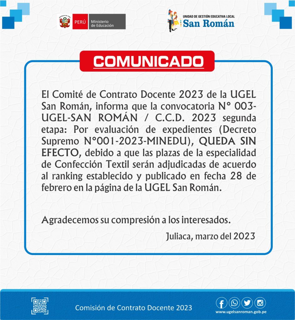 PROCESO DE CONTRATACIÓN DE DOCENTES-2023 CONVOCATORIA N° 003-UGEL-SAN ... PROCESO DE CONTRATACIÓN DE DOCENTES-2023 CONVOCATORIA N° 003-UGEL-SAN ...