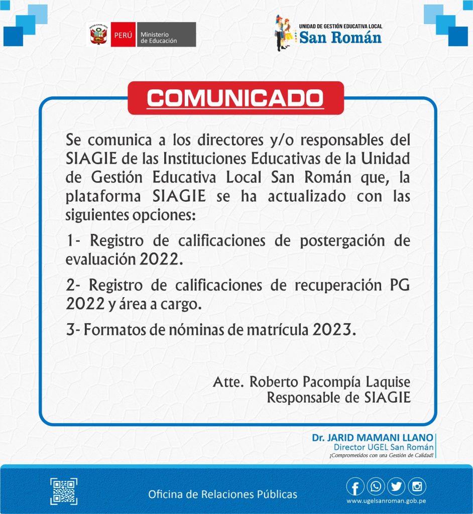 ACTUALIZACIÓN EN EL SIAGIE – UGEL San Roman