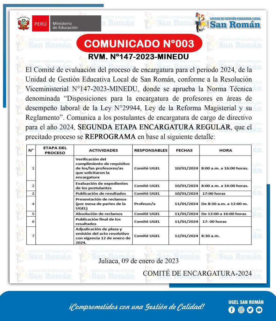 PROCESO DE ENCARGATURA-2024 COMUNICADO N°003-UGEL-SAN ROMÁN-2024 RVM. Nº147-2023-MINEDU – UGEL ...